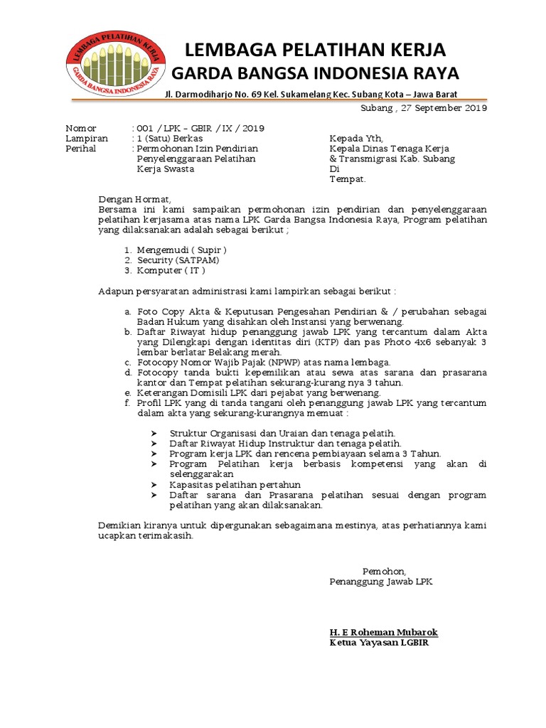 Surat Pengajuan LPK Yayasan | PDF