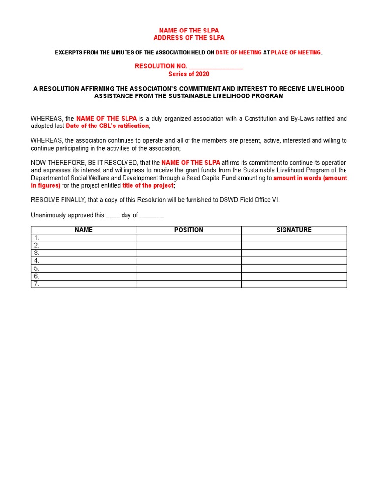 SLPA Resolution Intent To Receive Livelihood Assistance | PDF