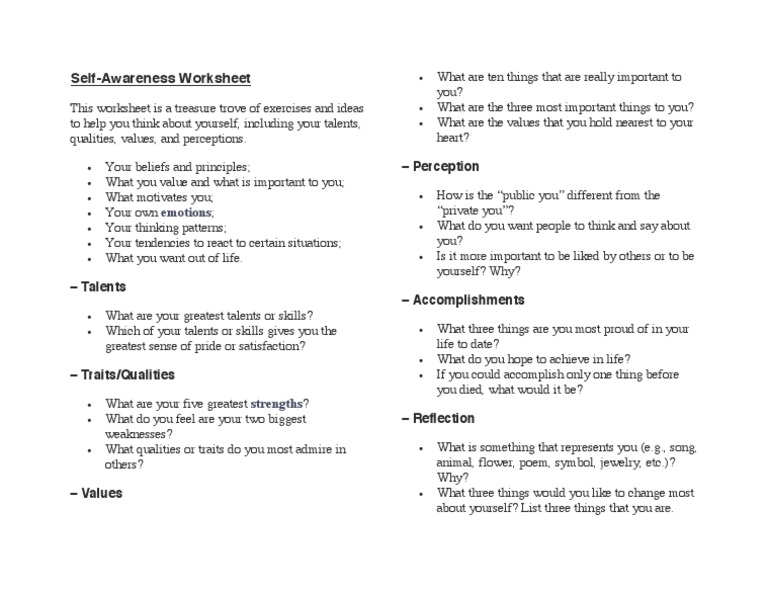 Self-Awareness Worksheet | PDF