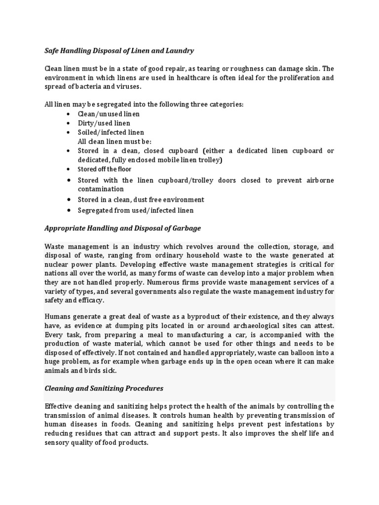 Safe Handling Disposal of Linen and Laundry | PDF