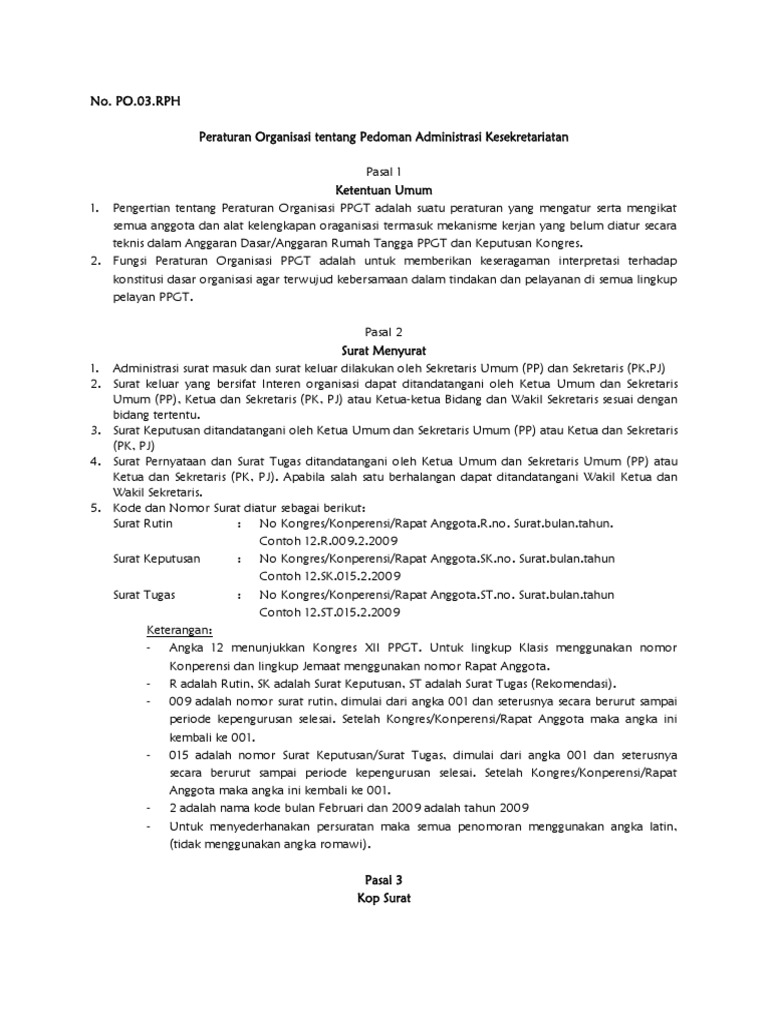 Peraturan Organisasi Tentang Pedoman Administrasi Kesekretariatan | PDF