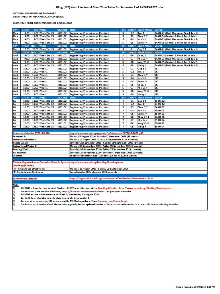 BEng ME Timetable Sem1 | PDF | Technology & Engineering