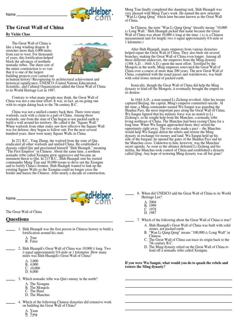 The Great Wall of China Worksheet | PDF | Art | History