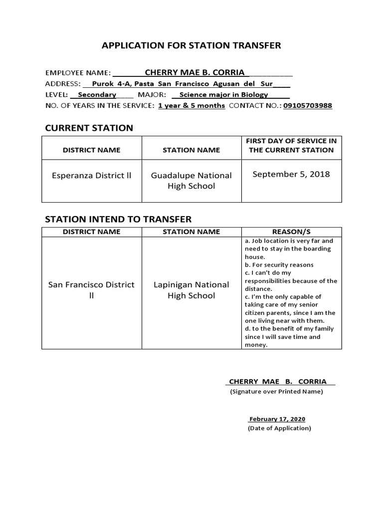 Application For Station Transfer | PDF