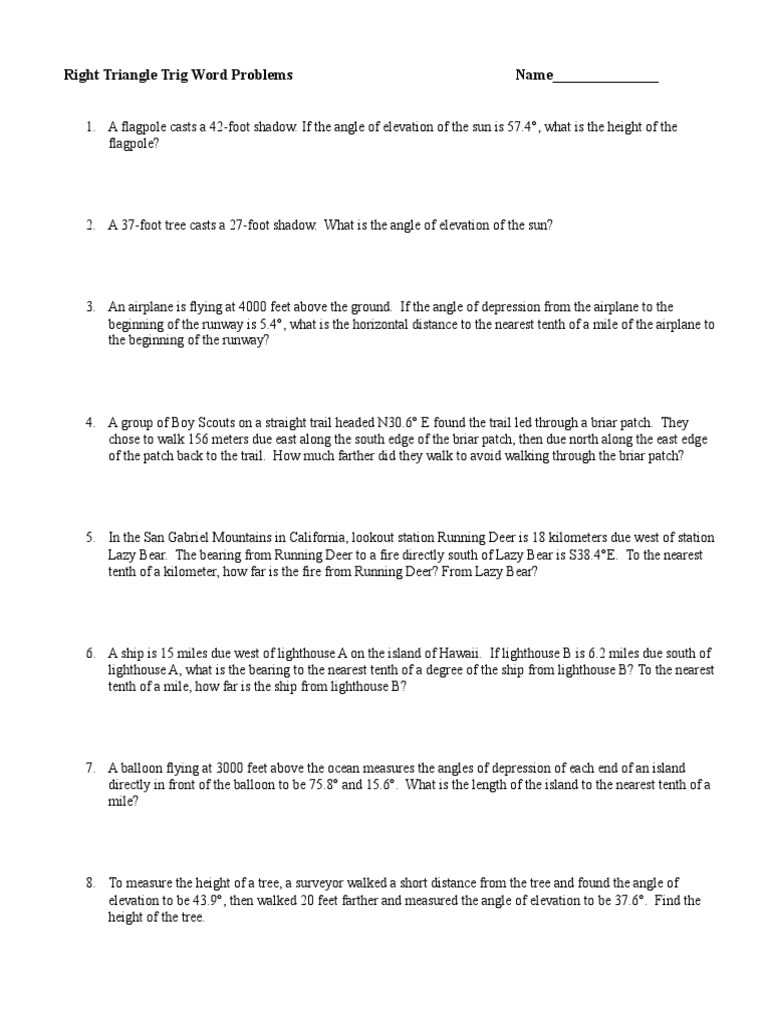 Right Triangle Trig Word Problems | PDF