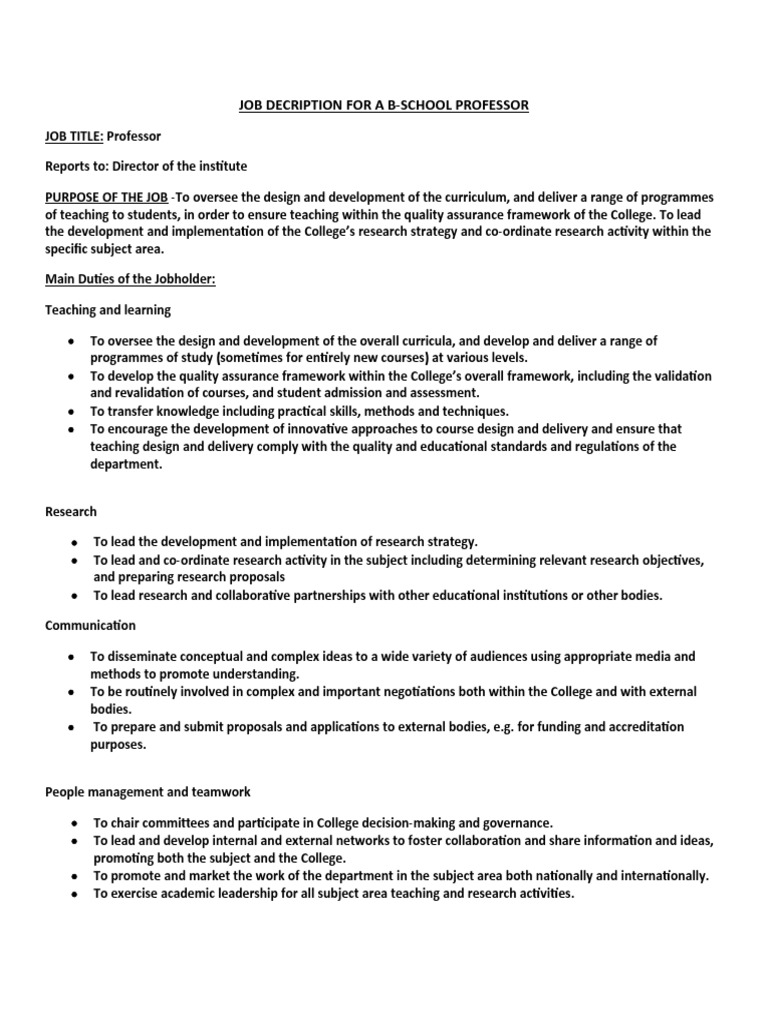 B-School Professor Job Description | PDF | Curriculum | Pedagogy