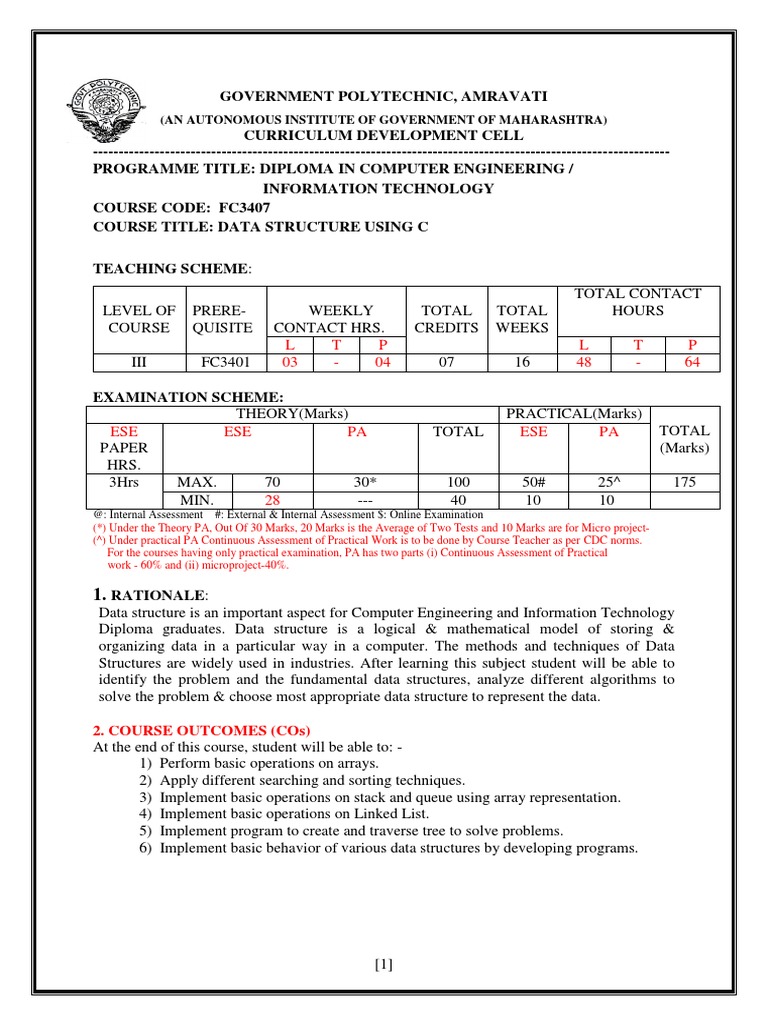 FORMAT For Course Data Structure Using C | PDF