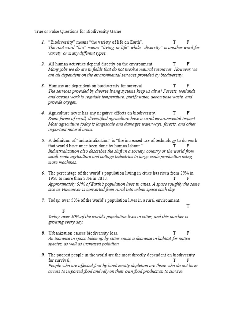 True/False Biodiversity Quiz | PDF