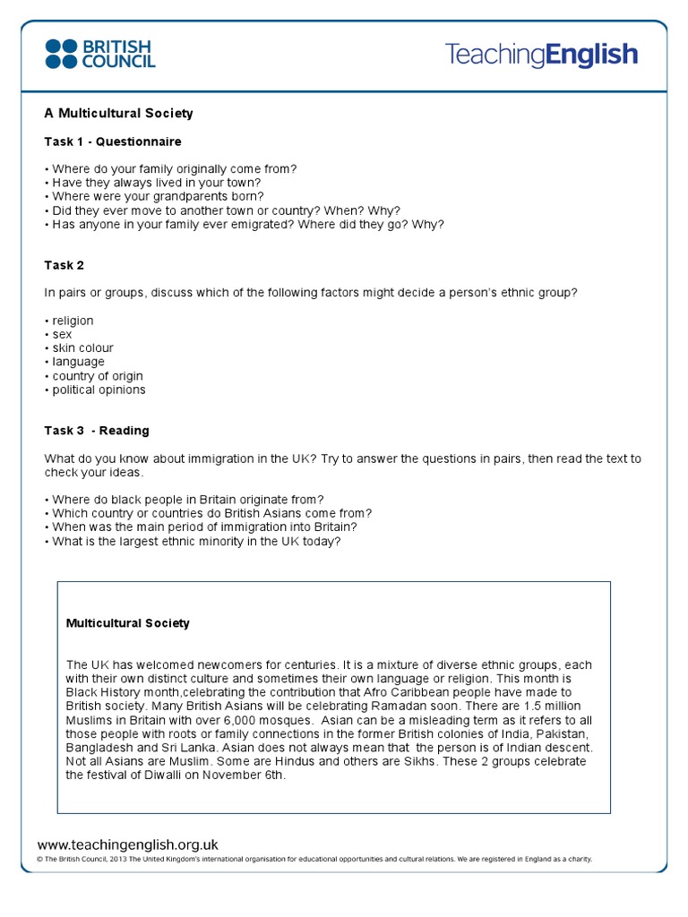 A Multicultural Society Student Worksheet | PDF
