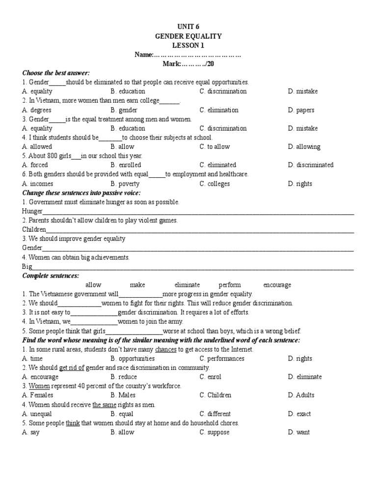 Unit 6 Gender Equality Worksheet 01 | PDF