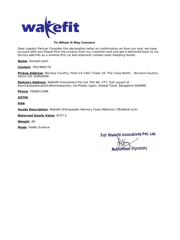Wakefit Product Return Declaration Letter | PDF | Business
