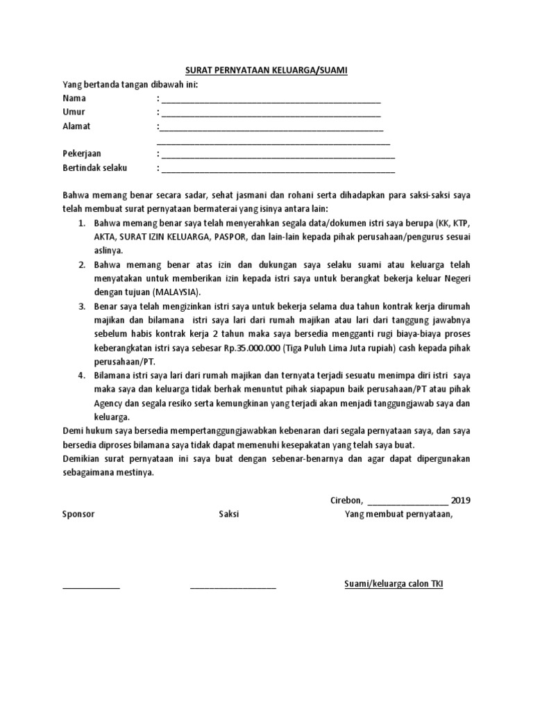 Surat Pernyataan Keluarga Pmi | PDF