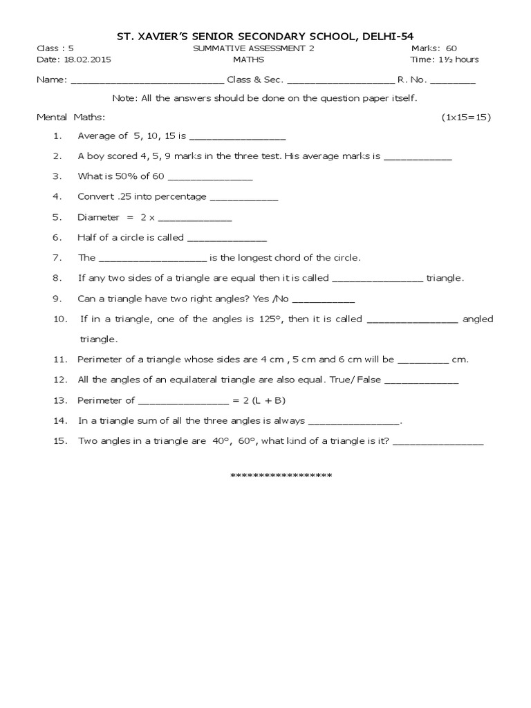 ICSE Class 5 Annual Exam Model Question Paper 1 - MATHS PDF | PDF