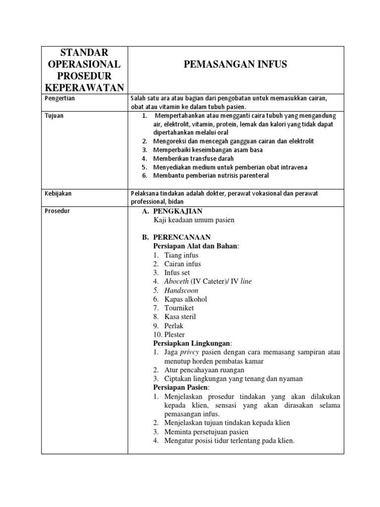 STANDAR OPERASIONAL PEMASANGAN INFUS | PDF