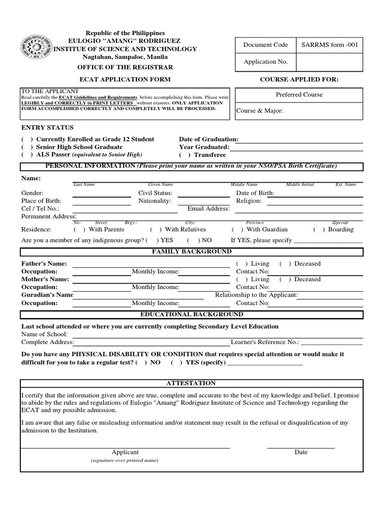 ECAT Application Form | PDF