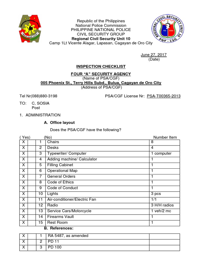 FOUR A Security Agency Inspection Checklist | PDF