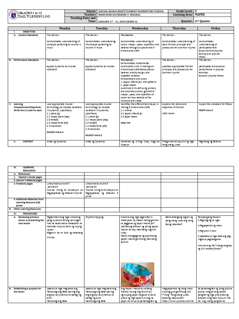 Grade 5 DLL MAPEH 5 Q4 Week 2 | PDF