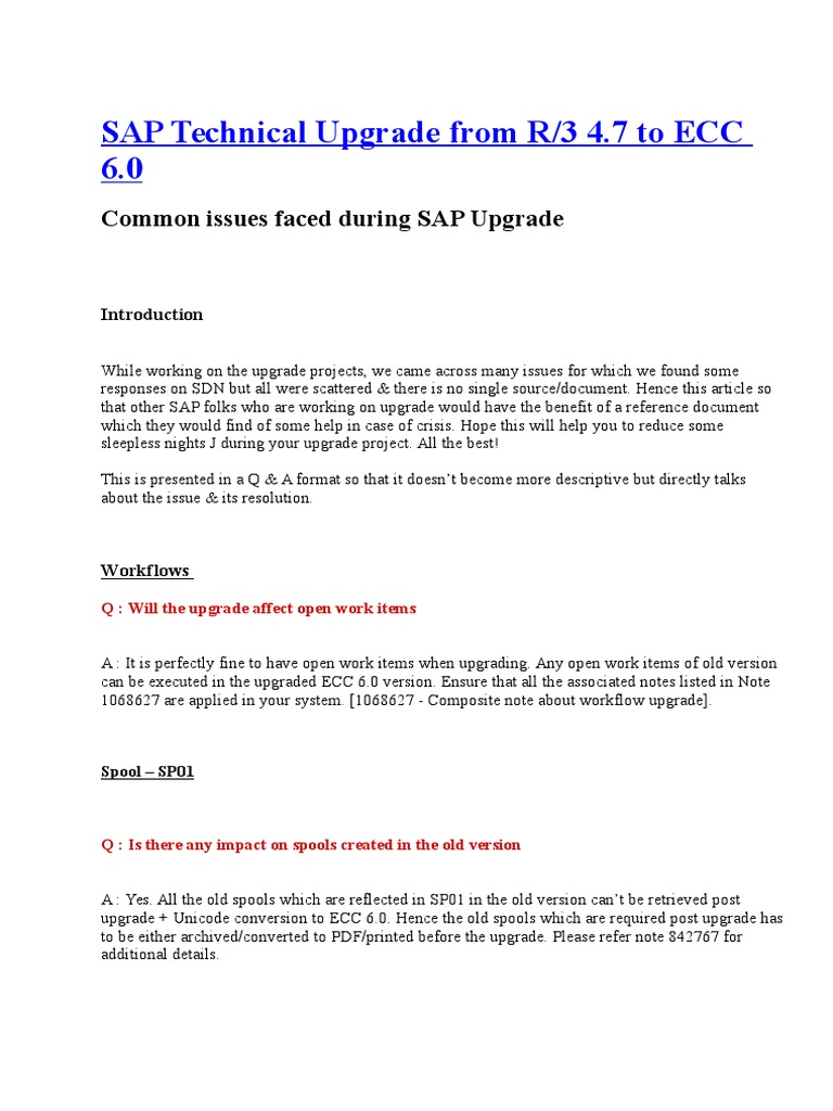 SAP Upgrade Issues: R/3 4.7 to ECC 6.0 | PDF