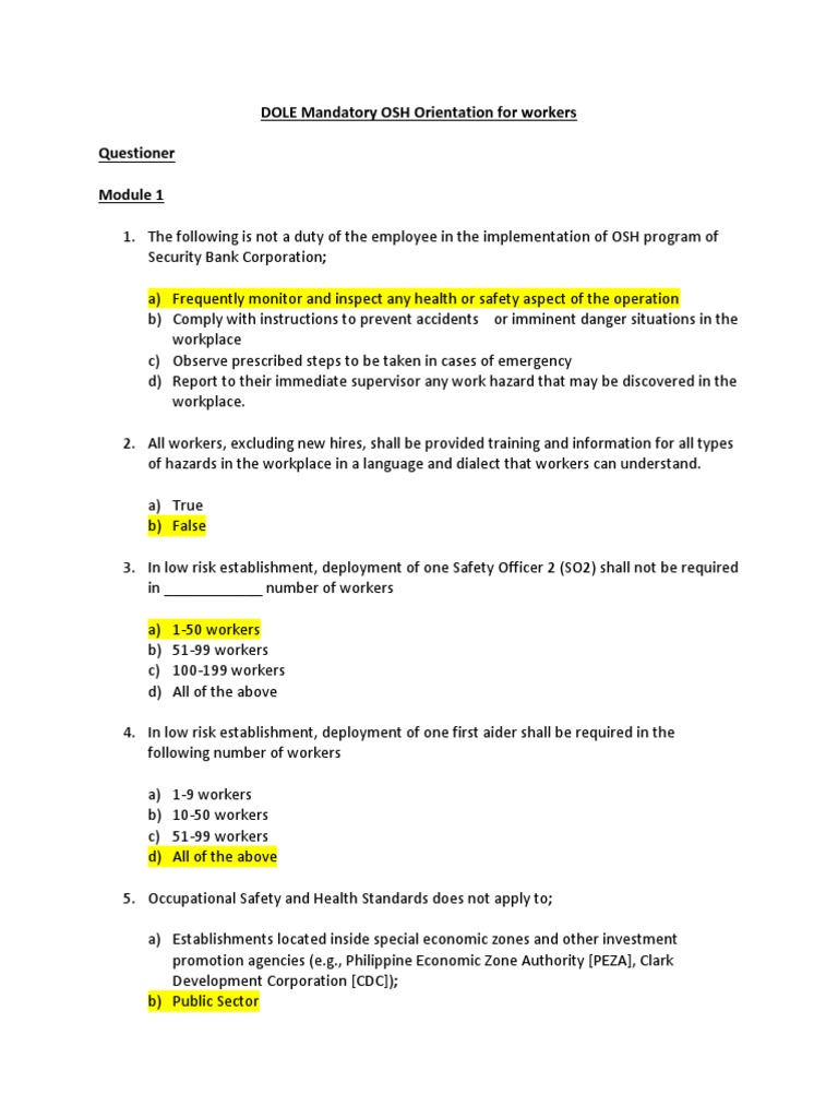 DOLE Mandatory OSH Questionaire | PDF