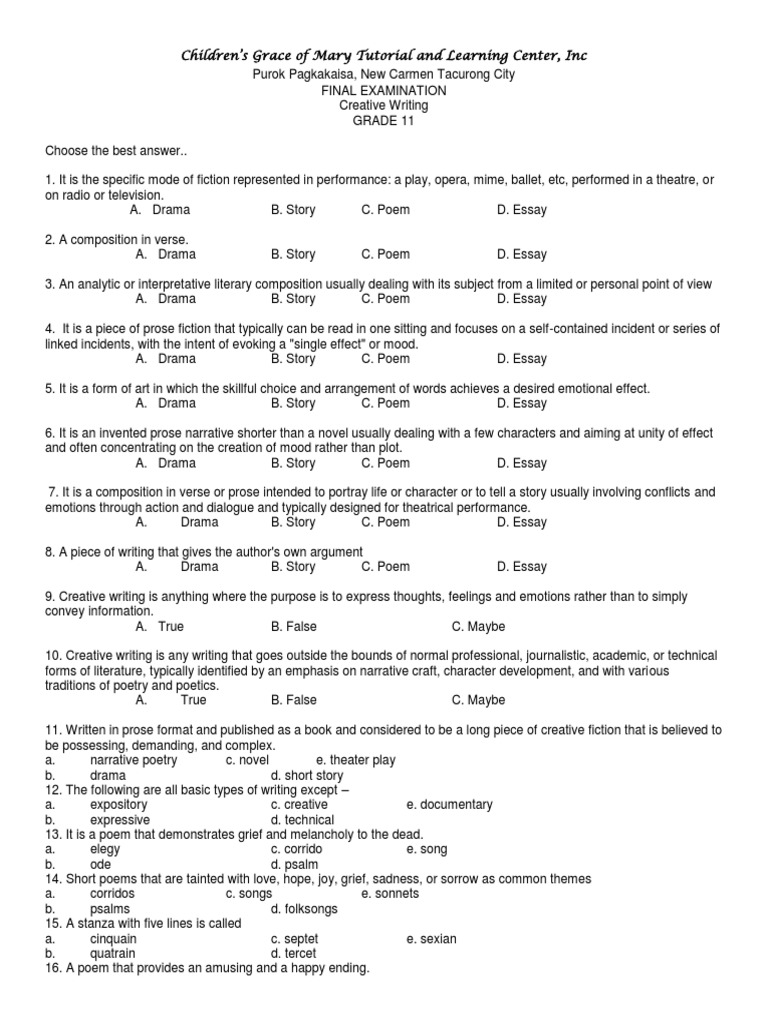 Creative Writing Final Exam | PDF