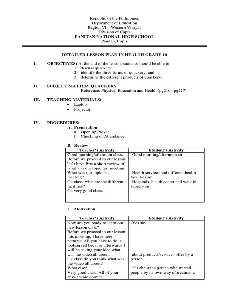 Grade 10 Health Lesson Plan | PDF