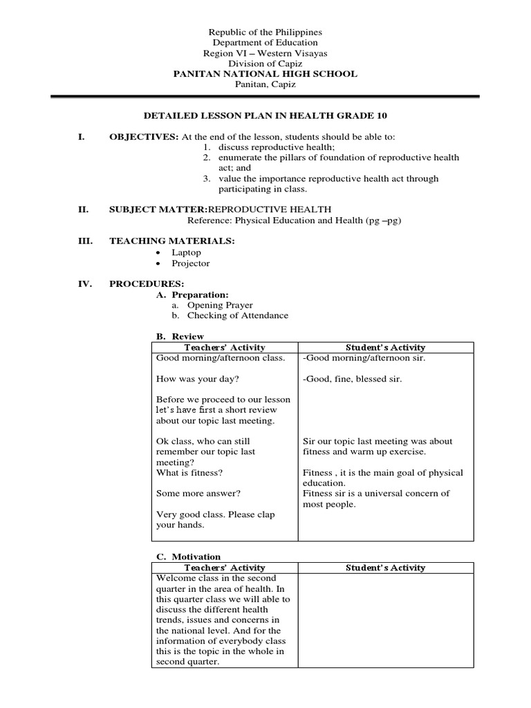 Detailed Lesson Plan in Health (Reproductive Health) | PDF