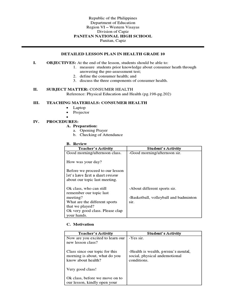 Detailed Lesson Plan For Health (Consumer Health) | PDF | Career ...