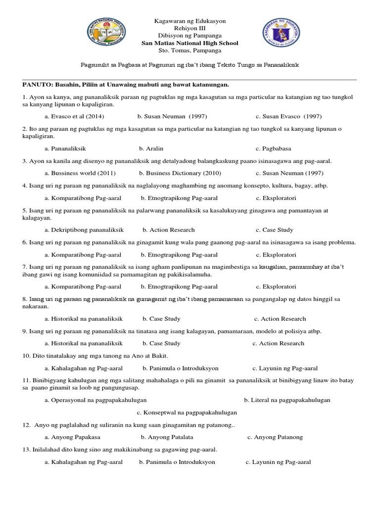 Assesment-Exam Pagbasa at Pagsusuri | PDF