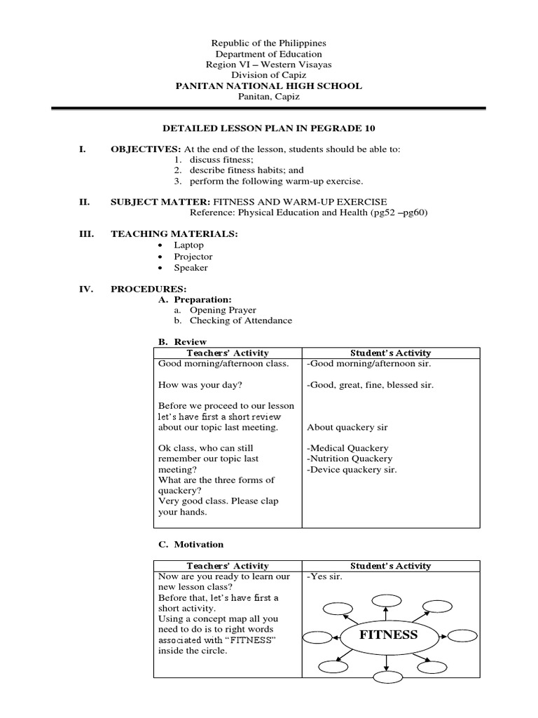 Detailed Lesson Plan in P.E. (Fitness and Warm Up Exercise) | PDF