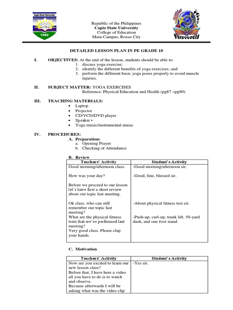 Detailed Lesson Plan in Pe (Yoga Exercise) | PDF