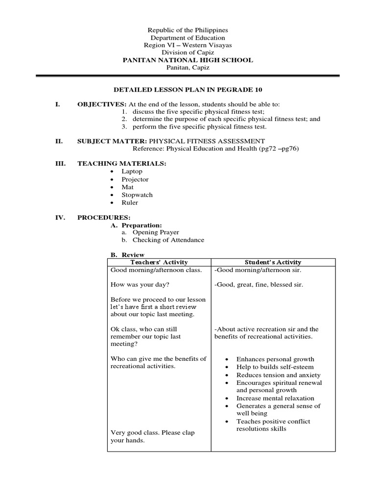 Detailed Lesson Plan in Pe (PFT) | PDF