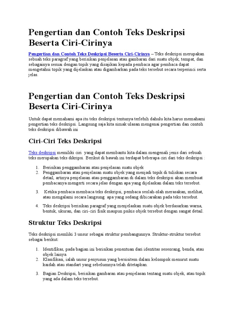 Pengertian Dan Contoh Teks Deskripsi Beserta Ciri | PDF