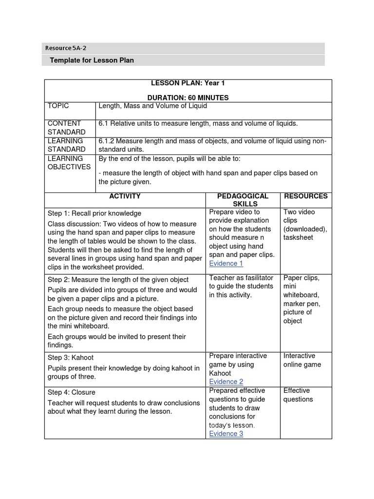 Resource 5A-2 Template For Lesson Plan