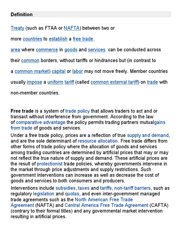 Definition Fta | PDF | Free Trade | Tariff