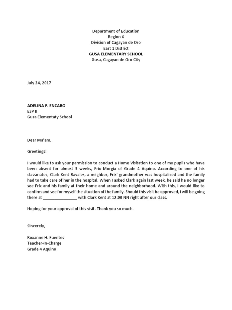 Home Visitation Letter To Principal | PDF