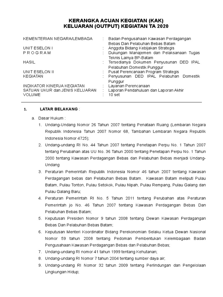 Usulan KAK Penyusunan DED IPAL Punggur | PDF