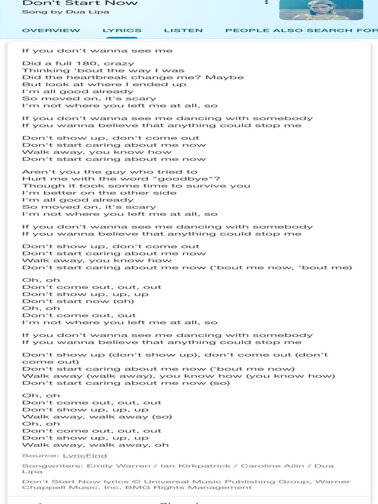 Don't Start Now Lyrics - Google Search | PDF