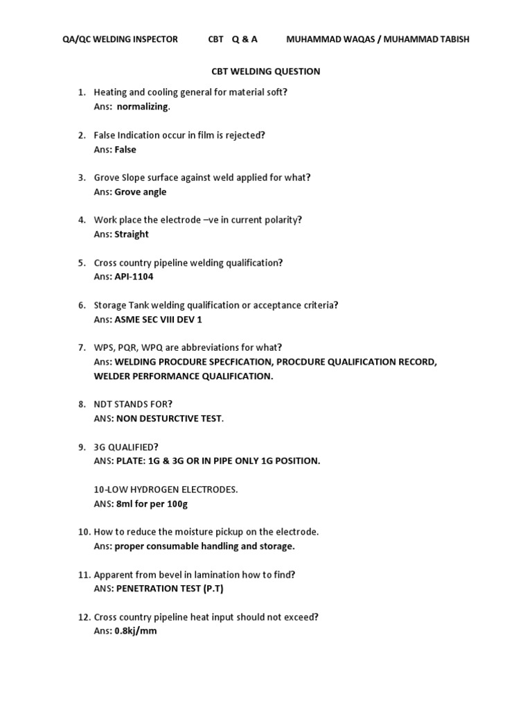 Welding Inspector Practice Questions and Answers on Key Welding ...