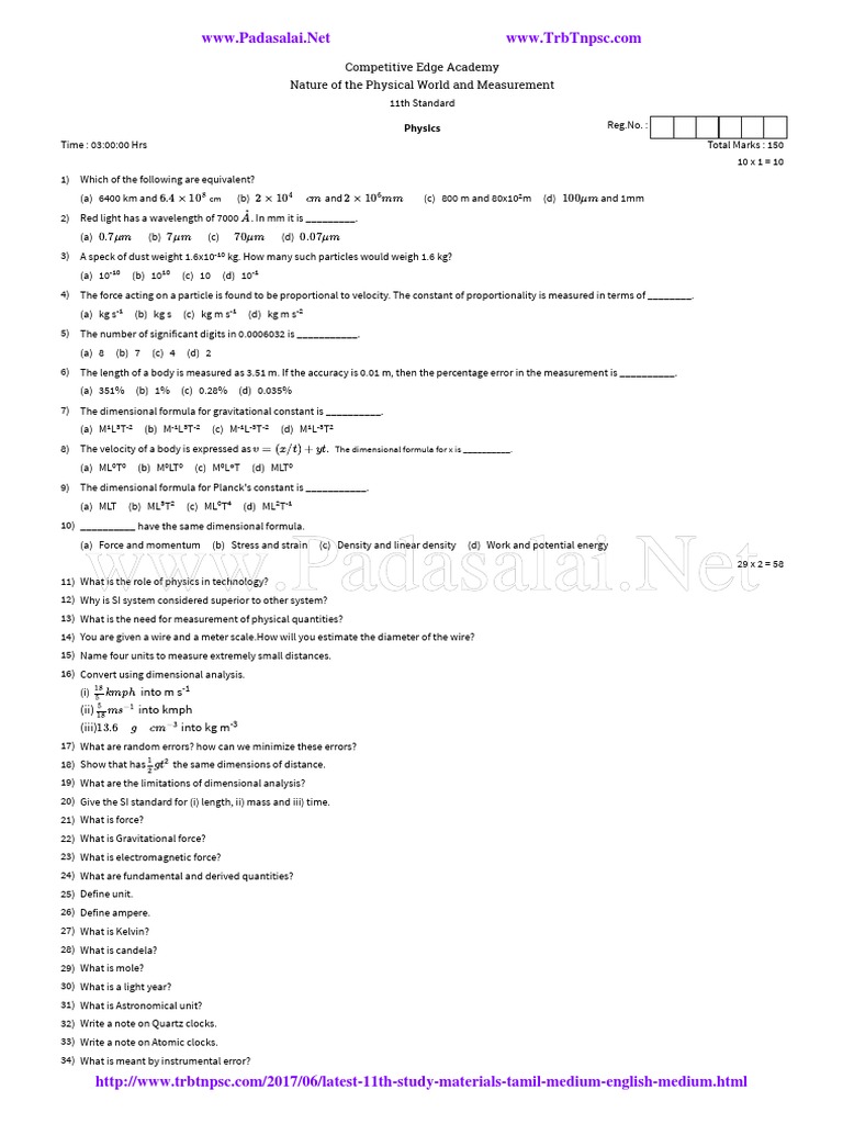 11th Physics Unit Wise Questions em | PDF