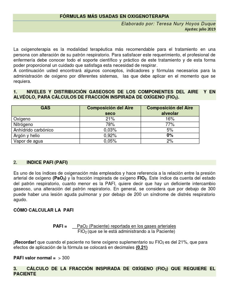 Fórmulas Usadas en Oxigenoterapia PDF | PDF