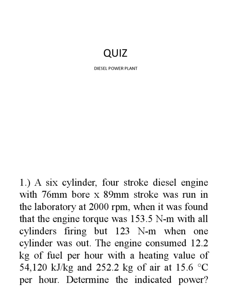 Diesel power plant quiz questions on engine torque, speed ratio, IMEP ...