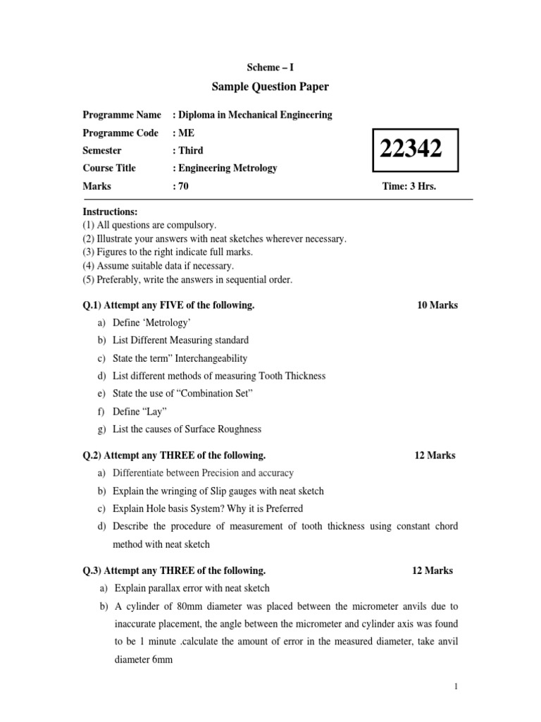 Engineering Metrology Sample Papers | PDF