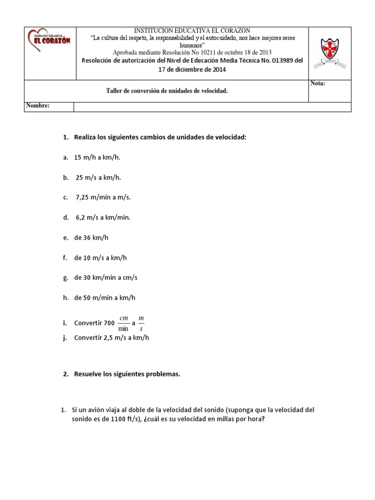 Conversion de Unidades de Velocidda Taller | PDF