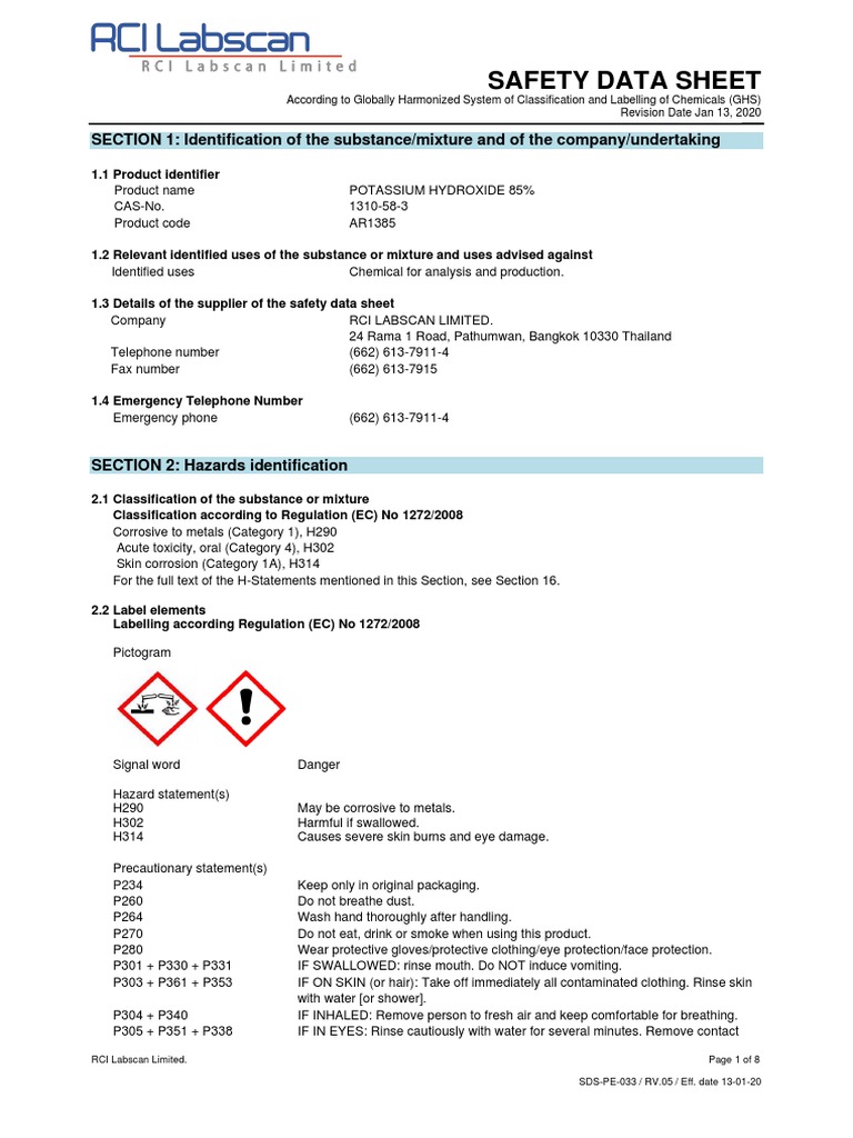 Potassium Hydroxide 85% Safety Data Sheet | PDF | Dangerous Goods ...