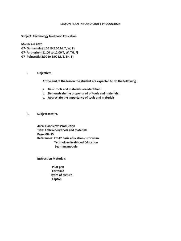 Lesson Plan in Handicraft Production | PDF