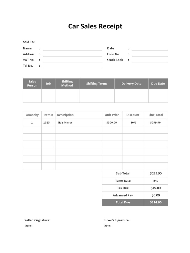 An Efficient Car Sales Receipt Detailing a Single Side Mirror Purchase ...