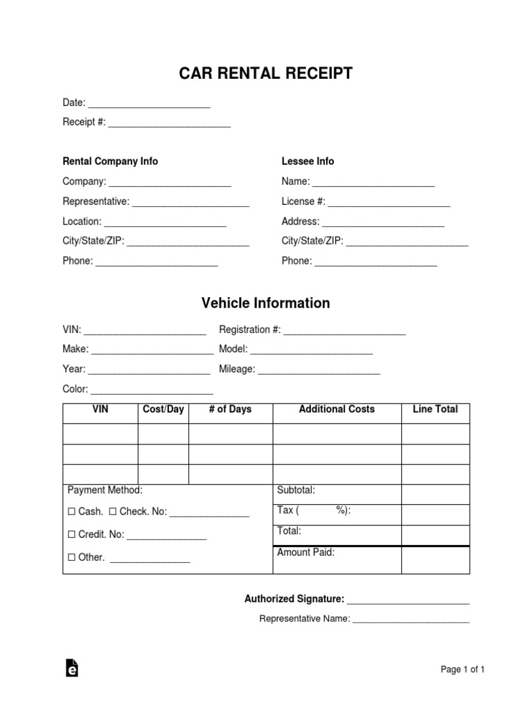 Car Rental Receipt Template | PDF