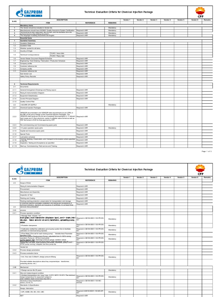 Chemical Injection Package Evaluation Criteria | PDF | Pipe (Fluid ...