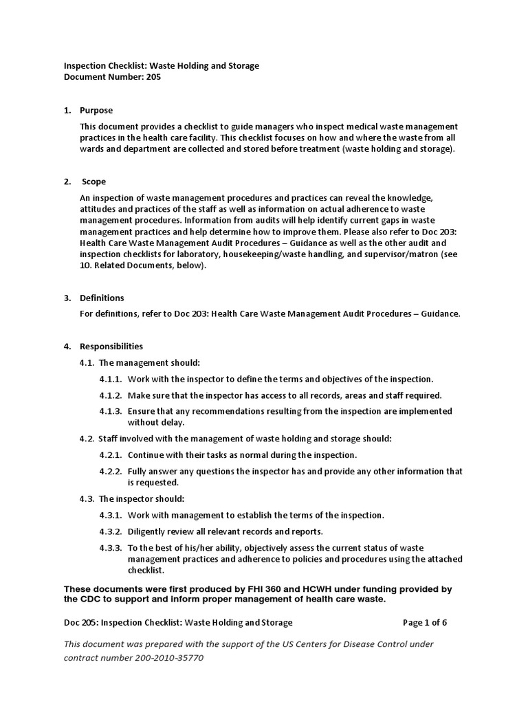 Waste Holding and Storage Inspection Checklist | PDF | Centers For ...