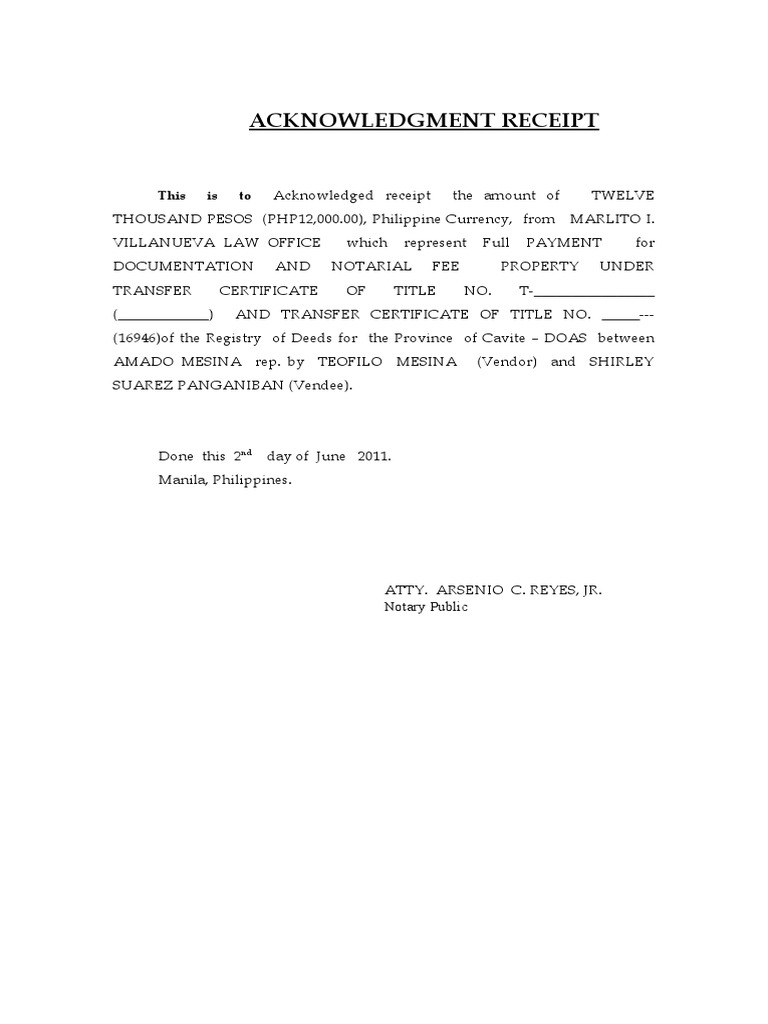 Acknowledgment Receip1 | PDF | Notary Public | Philippines